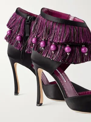 Manolo Blahnik Fringed Bead-embellished Satin Pumps
