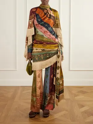 Zimmermann Printed Tie-detailed Fringe-trimmed Silk-satin Mini Dress