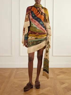 Zimmermann Printed Tie-detailed Fringe-trimmed Silk-satin Mini Dress