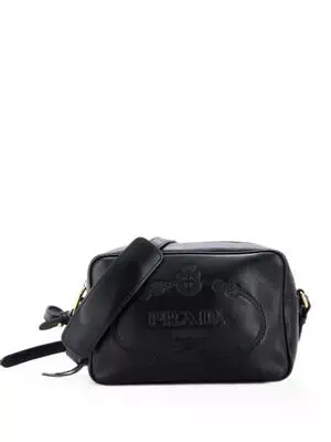 Prada Logo Camera Bag Embossed Leather Small Crossbody Bag - Black