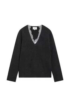 Loulou De Saison Layla Lace-trim V-neck Sweater - Grey