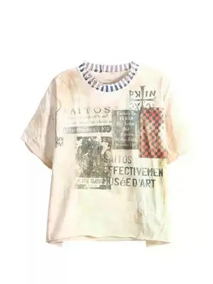 SAITOS Striped-neck Graphic-print T-shirt - Neutrals
