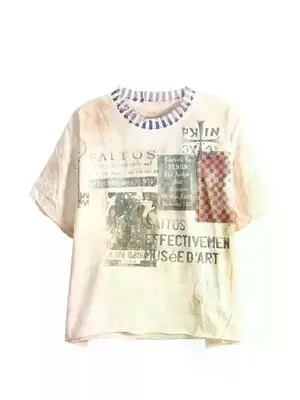 SAITOS Striped-neck Graphic-print T-shirt - Neutrals