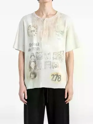 SAITOS Graphic-print Waffle-knit Henley T-shirt