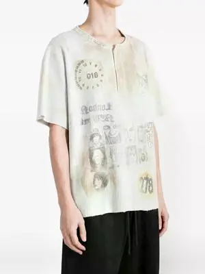 SAITOS Graphic-print Waffle-knit Henley T-shirt