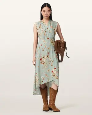 ALLSAINTS Mira Silk Blend Floral Midi Dress - Blue
