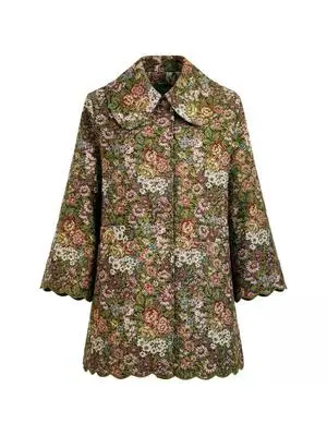 Farm Rio Floral-tapestry Scalloped-edge Coat - Green