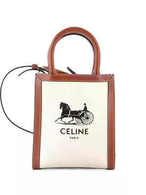 Celine Sulky Vertical Cabas Tote Canvas With Leather Mini Crossbody Bag - Neutrals