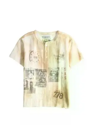 SAITOS Graphic-print Waffle-knit Henley T-shirt - Neutrals