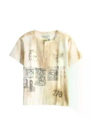 SAITOS Graphic-print Waffle-knit Henley T-shirt - Neutrals