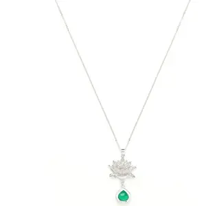 SEVEN SAINTS Aura Cleansing Lotus Necklace With Green Agate In Rhodium | Seen - White