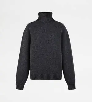 TOD'S Turtleneck In Wool With Patches In Leather - Grey