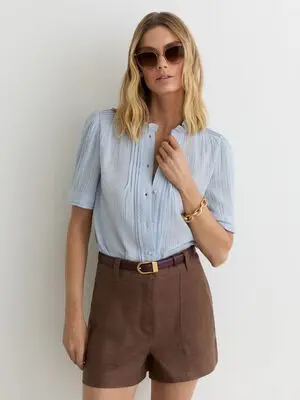 REISS Aurelia Cotton Cheesecloth Frill-neck Top - Light Blue