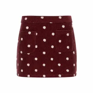 YUMI Daisy Embroidered Cord Mini Skirt - Brown