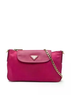 Prada 2000-2013 Saffiano Trimmed Tessuto Chain Crossbody Bag - Pink