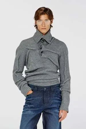 DIESEL® Button-neck Jumper In Wrinkled Boiled Knit - Grey
