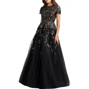 Mac Duggal Floral Embellished High Neck Tulle Ball Gown - Black Multi