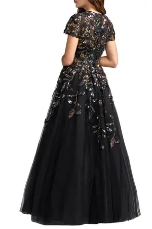 Mac Duggal Floral Embellished High Neck Tulle Ball Gown