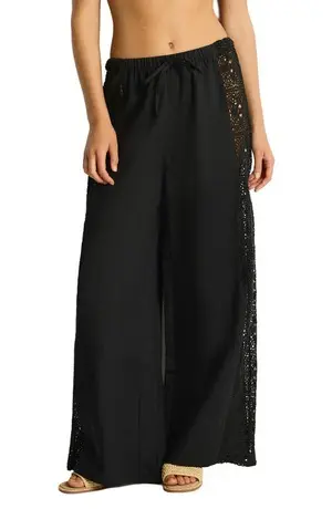 SEA LEVEL Lace Panel High Waist Wide Leg Beach Pants - Black
