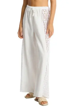 SEA LEVEL Lace Panel High Waist Wide Leg Beach Pants - White