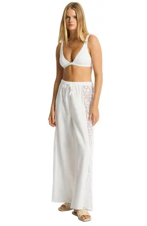 SEA LEVEL Lace Panel High Waist Wide Leg Beach Pants - White