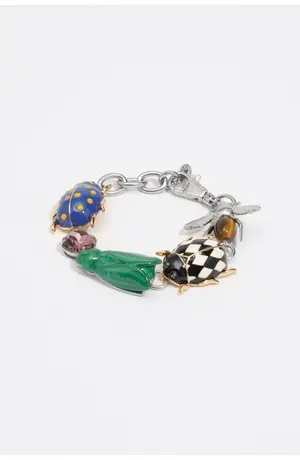 Bimba Y Lola Bracelet With Enamel Beetles And Silver Bee - Dark Silver