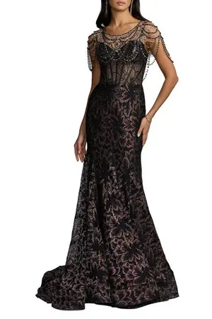 Mac Duggal Lace Corset Gown With Draped Beading - Black
