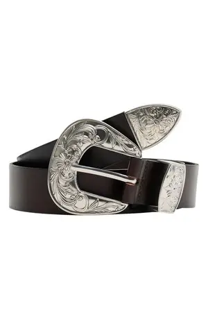 Mango Engraved Buckle Leather Belt - Chocolate