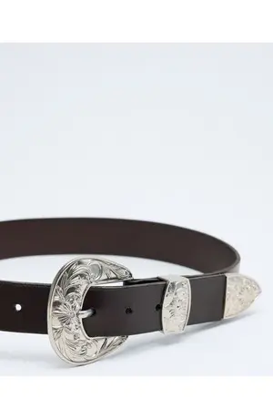 Mango Engraved Buckle Leather Belt