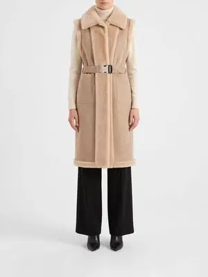 Liu Jo Long Faux Fur Robe Gilet With Belt Beige