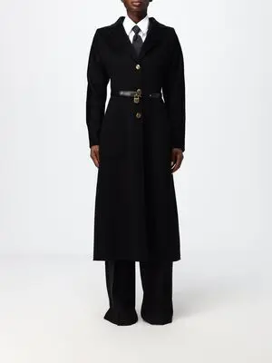 Elisabetta Franchi Single-breasted Long Pure Wool Coat With Waist Belt - Black