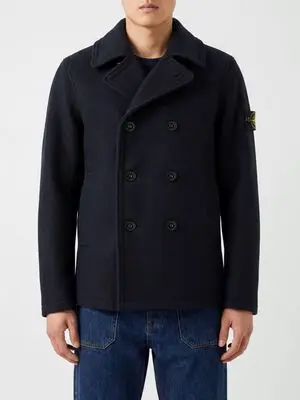 Stone Island Double-breasted Wool Peacoat With Compass Logo Patch