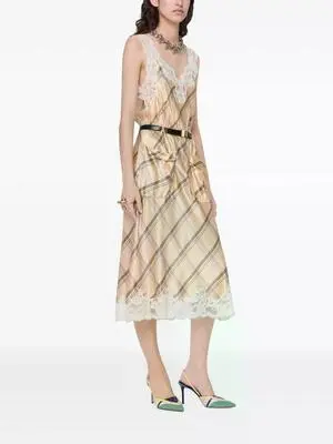 Rabanne Midi Dress In Beige Tartan Print Silk Satin With Lace Detailing - Neutrals