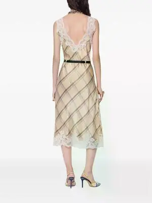 Rabanne Midi Dress In Beige Tartan Print Silk Satin With Lace Detailing - Neutrals