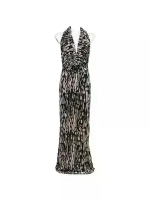 AMAZUIN Abstract-print Halterneck Maxi Dress - Brown