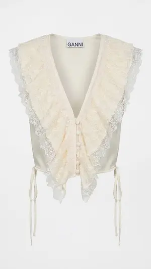 GANNI Fluid Satin Ruffle Lace Collar