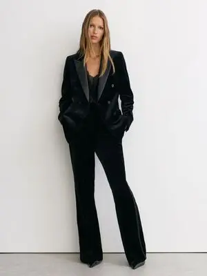 REISS Wren Velvet Flared Tuxedo Trousers Black
