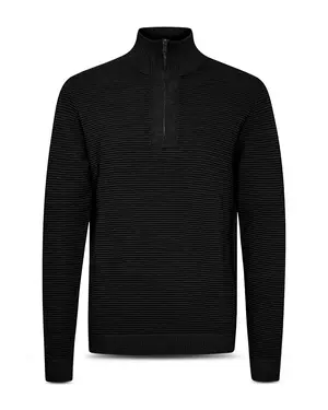 SOLID Cotton Ribbed Quarter Zip Stand Collar Sweater - Black