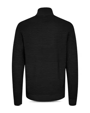 SOLID Cotton Ribbed Quarter Zip Stand Collar Sweater - Black