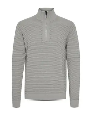 SOLID Cotton Ribbed Quarter Zip Stand Collar Sweater - Light Grey