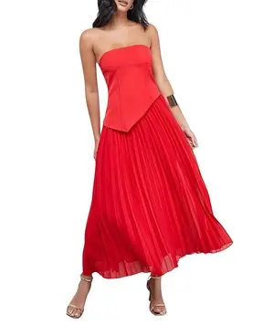 WAREHOUSE Bandeau Bodice Pleated Midi Dress - Red
