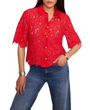 Mint Velvet Lace Short Sleeve Cropped Shirt - Red