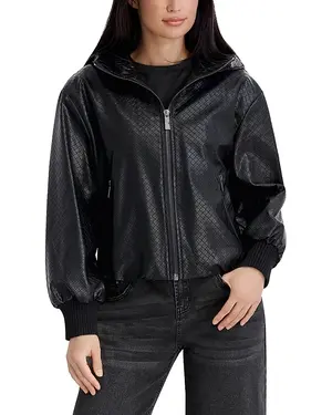 KENNETH COLE Hooded Faux Leather Blouson Jacket - Black