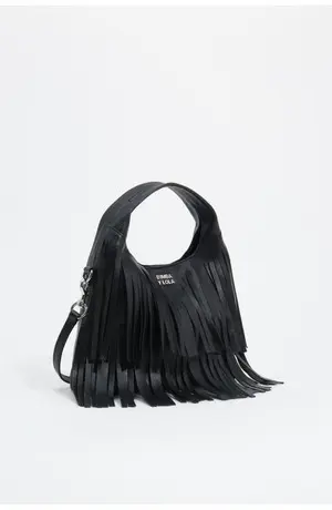 Bimba Y Lola Small Leather Fringed Crossbody Bag - Black