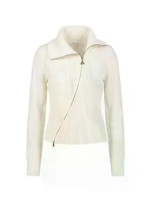 Patrizia Pepe Asymmetric-zip Ribbed-knit Cardigan - Neutrals