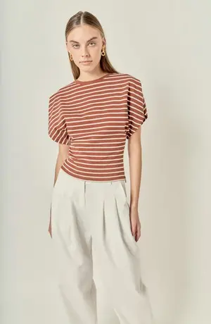 English Factory Striped Wing Sleeve Knit T-shirt - Brown/white