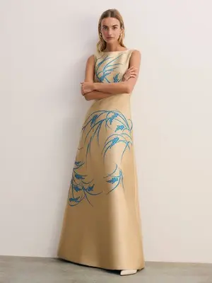 The Fold Embroidered Jacquard Maxi Gown Boat Neck - Gold