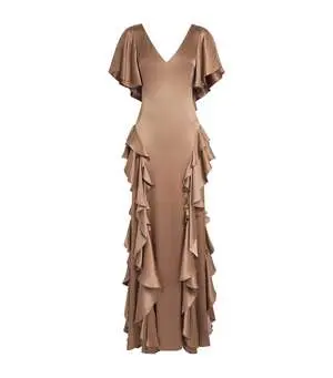 Gabriela Hearst Silk Satin Ruffled Spiral Maxi Dress - Beige