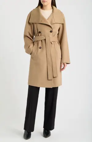 Calvin Klein Wool Blend Wrap Coat With Rib Wing Collar - Camel