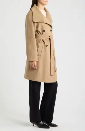 Calvin Klein Wool Blend Wrap Coat With Rib Wing Collar